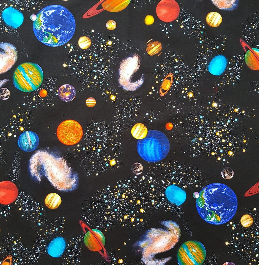 Black "space" Fabric. Black Background With Planets, Stars, Asteroids ...