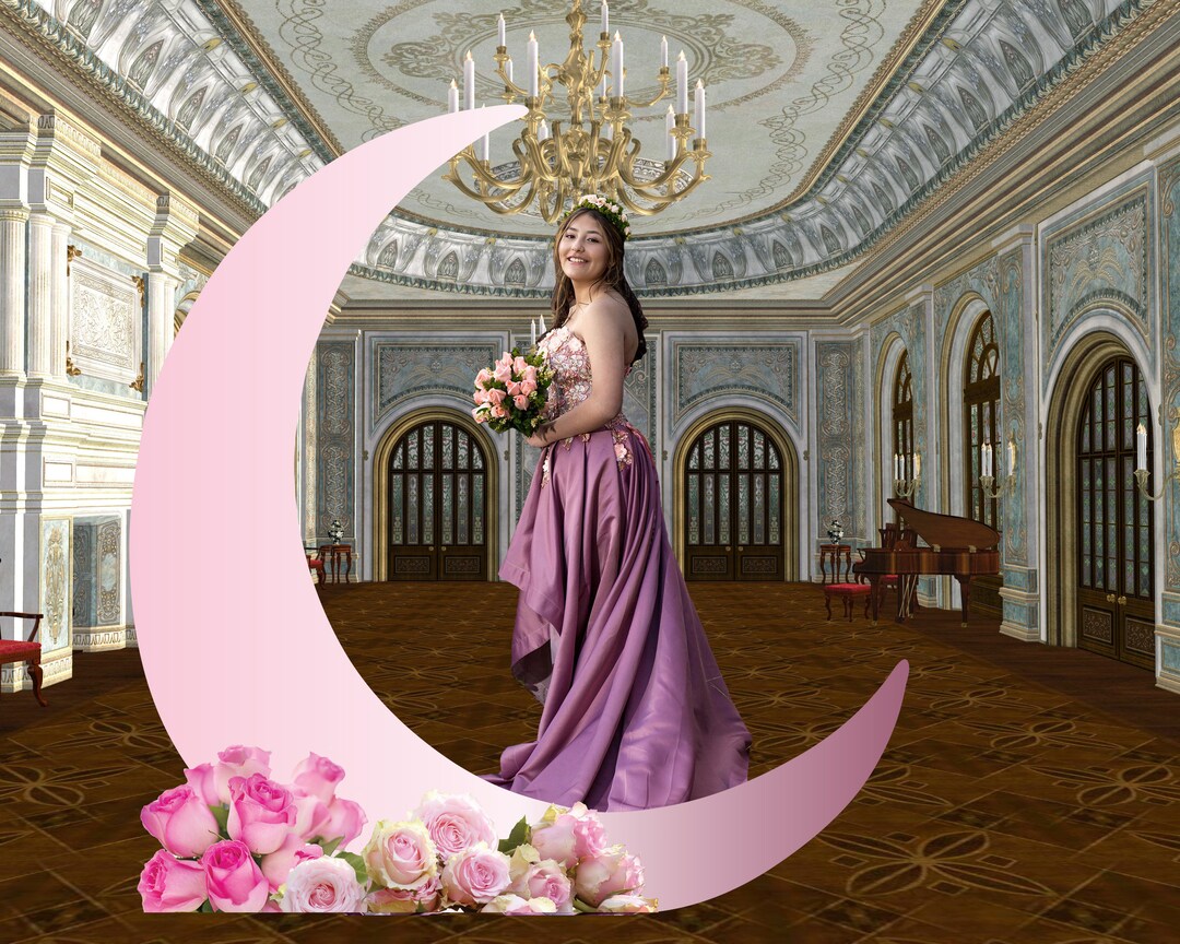 Large Pink Cardboard Moon With Roses, Wedding Entrance Prop, Theme ...