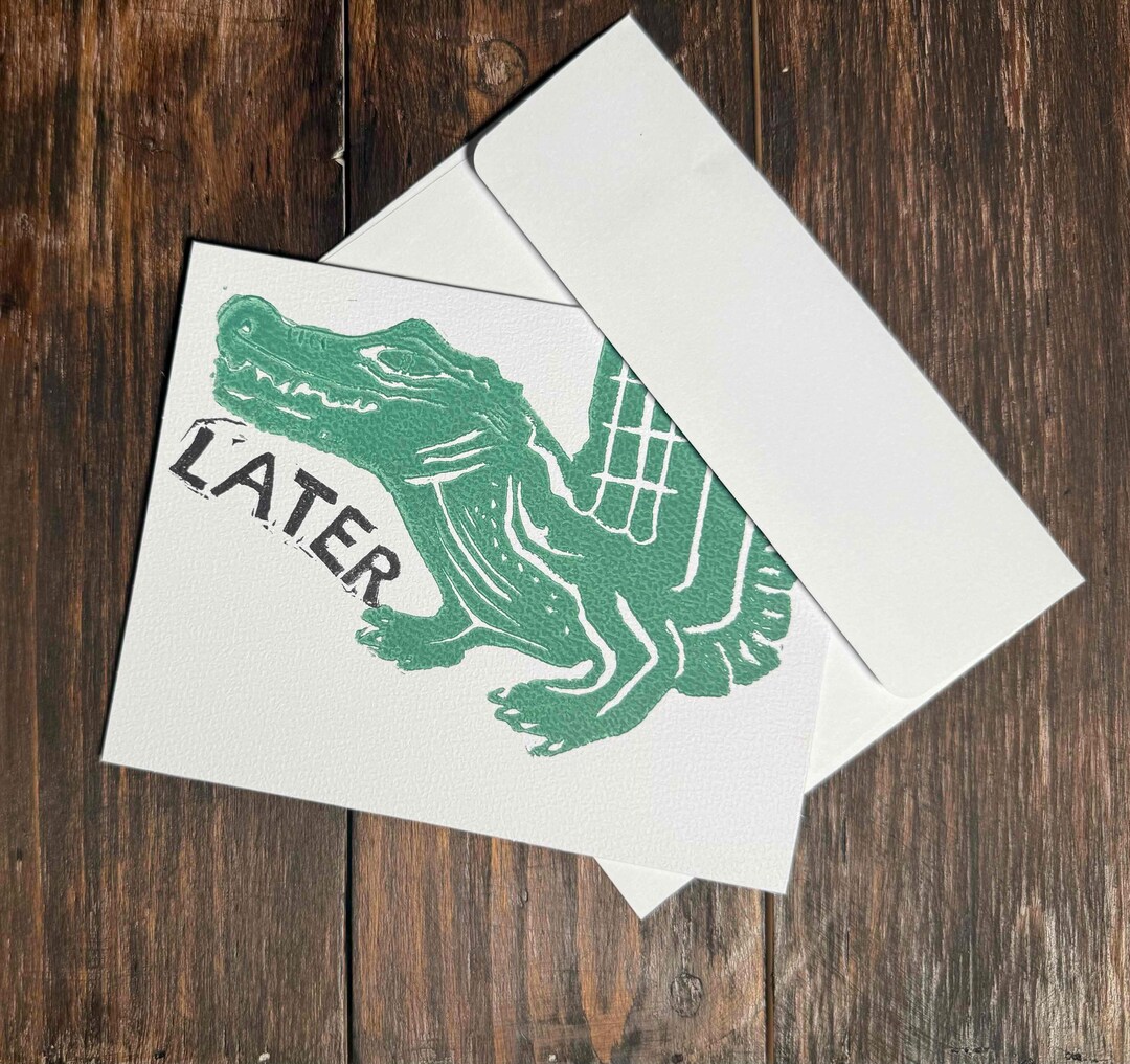 Greeting Card- Later Alligator - Hand Printed 2 Color Linocut Note Card ...