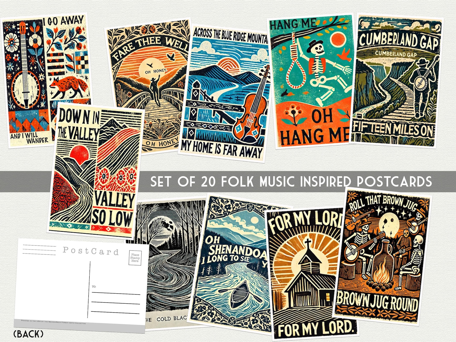 Appalachian Folk Music Postcards: Rustic Song Art Prints, Set of 20 - Etsy