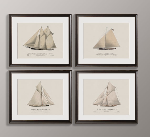 Nautical Wall Art Vintage Yacht Prints Set of Ship Wall Art - Etsy