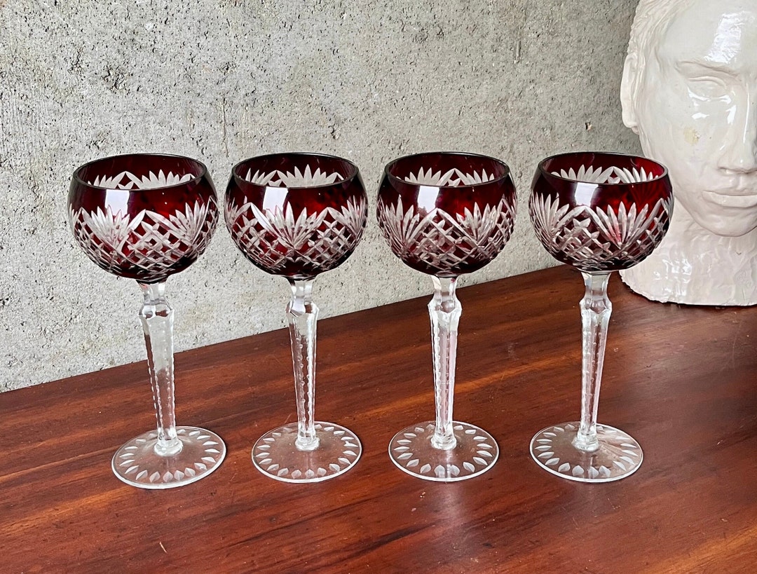 Set/4 Tall NACHTMANN Ruby Red Cut to Clear Wine Glasses 10oz/8.5h NO ...