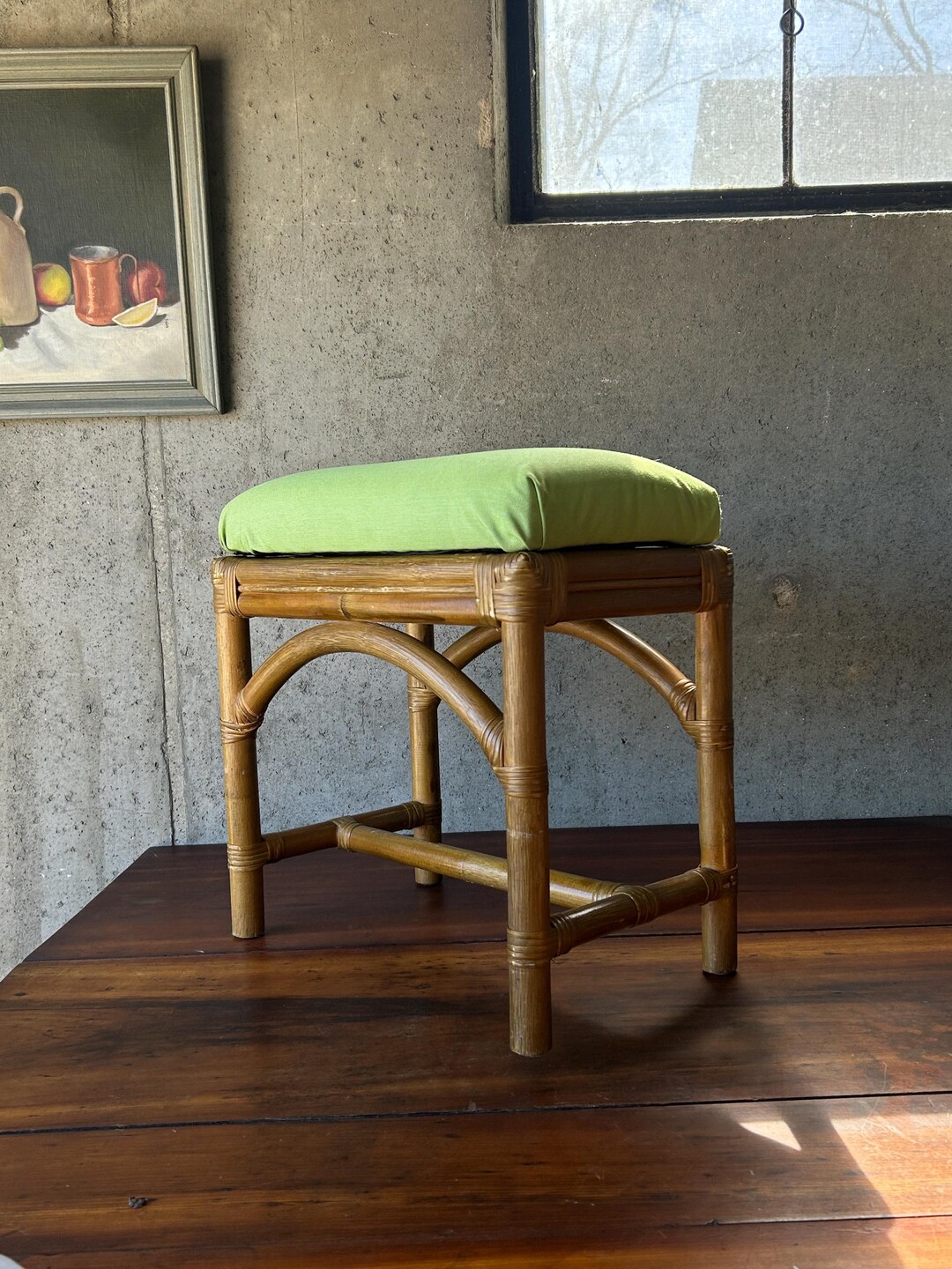 Vintage Bamboo / Rattan Bench (or) Ottoman - 19.5"l - New LIME Green ...