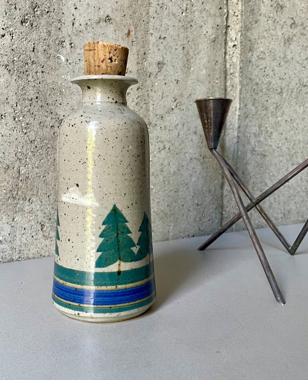 Signed 1990s TENMOKU Pottery Corked Flask / Vessel W/ EVERGREEN Tree ...