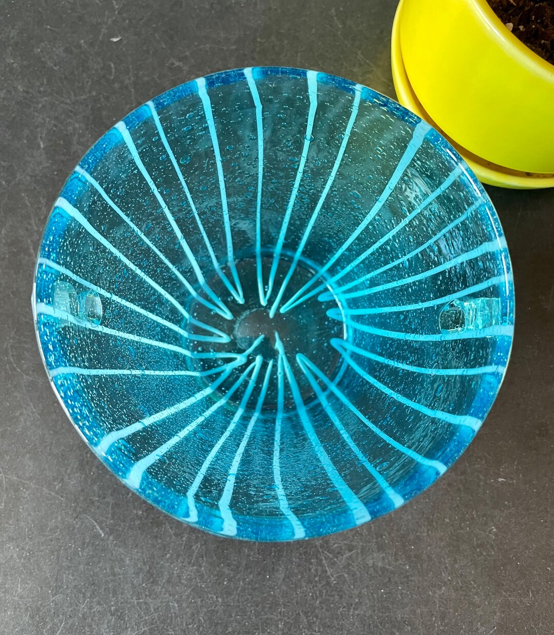 Vintage Studio Art Glass Handblown AZURE BLUE Glass W/ Linear Detail ...