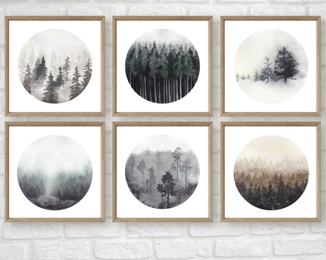 Watercolor Forest Prints Set of 6, Square Nature Wall Art, Foggy Forest ...