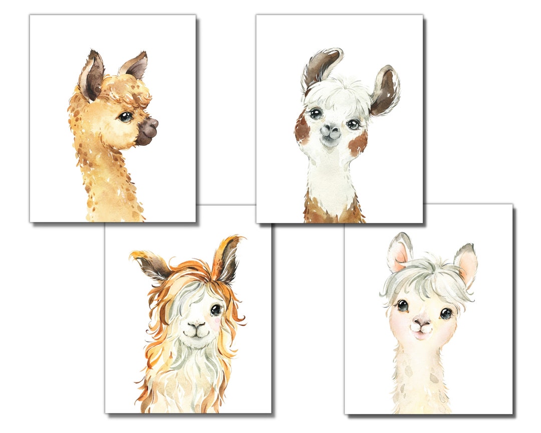 Llama Wall Art Set of 4, Watercolor Llama Prints, Llama Posters Kids ...
