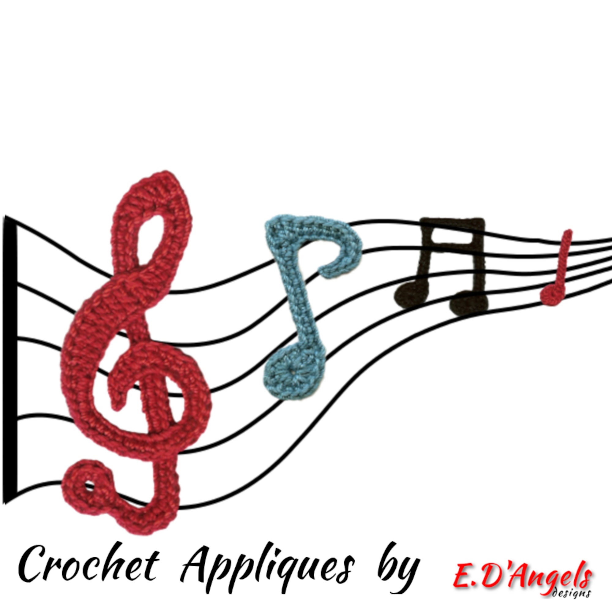 Crochet Musical Notes Applique Pattern: Treble Clef, Eighth, Quarter ...