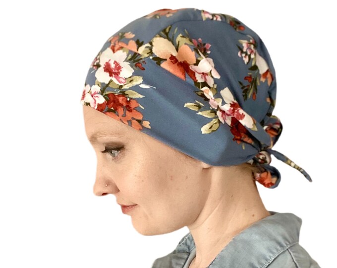 Stretchy Scrub Cap, Blue Floral Scrub Hat, Nurse Head Cover, Blue ...