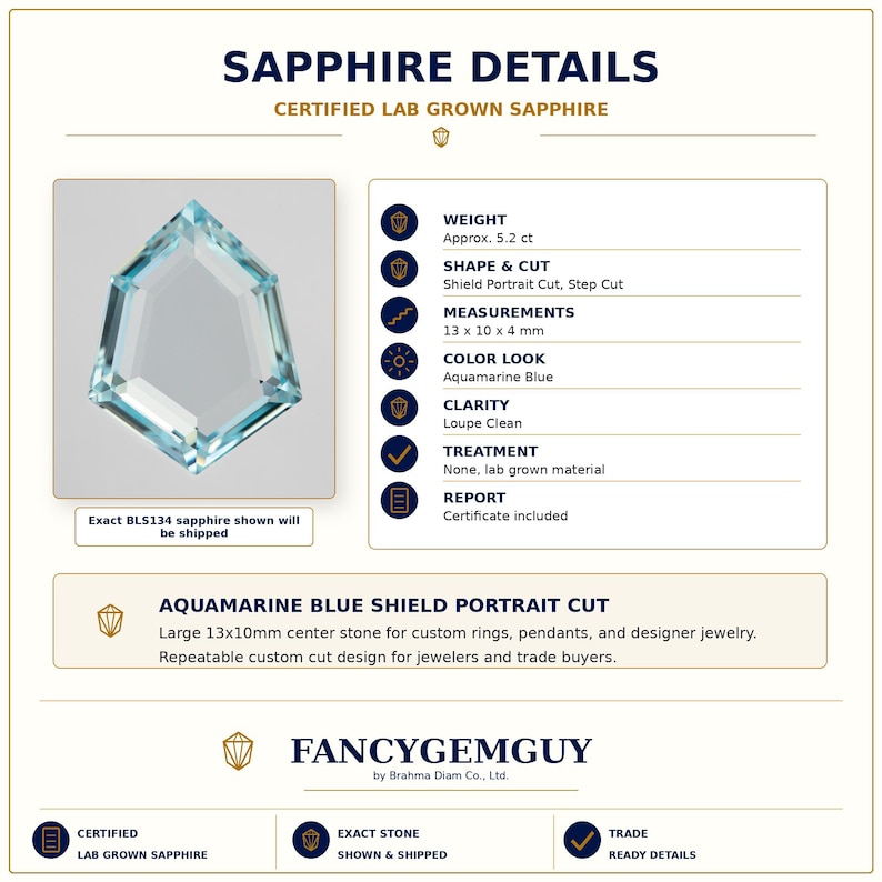Lab Grown Blue Sapphire 13x10mm, Certified Aquamarine Blue Shield ...
