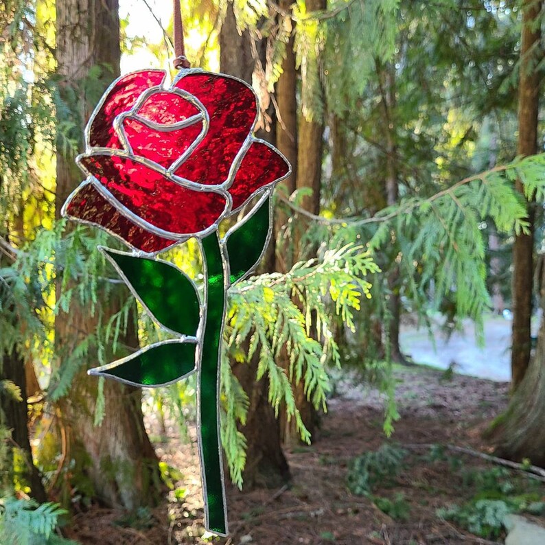 Rose Suncatcher / Red Rose Stained Glass / Romantic Gift // Crafted by ...