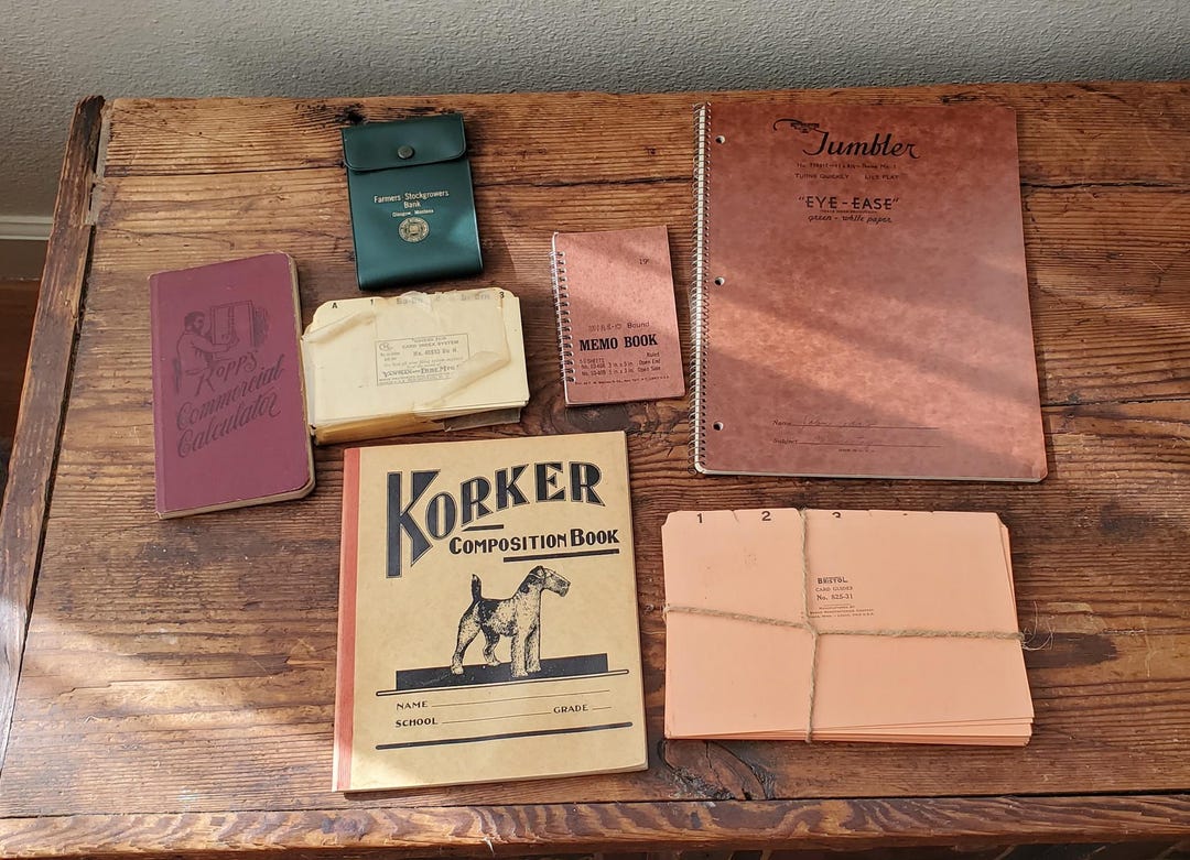 Vintage Office Supply Desk Items. Notebooks, File Cards, Memo Book ...