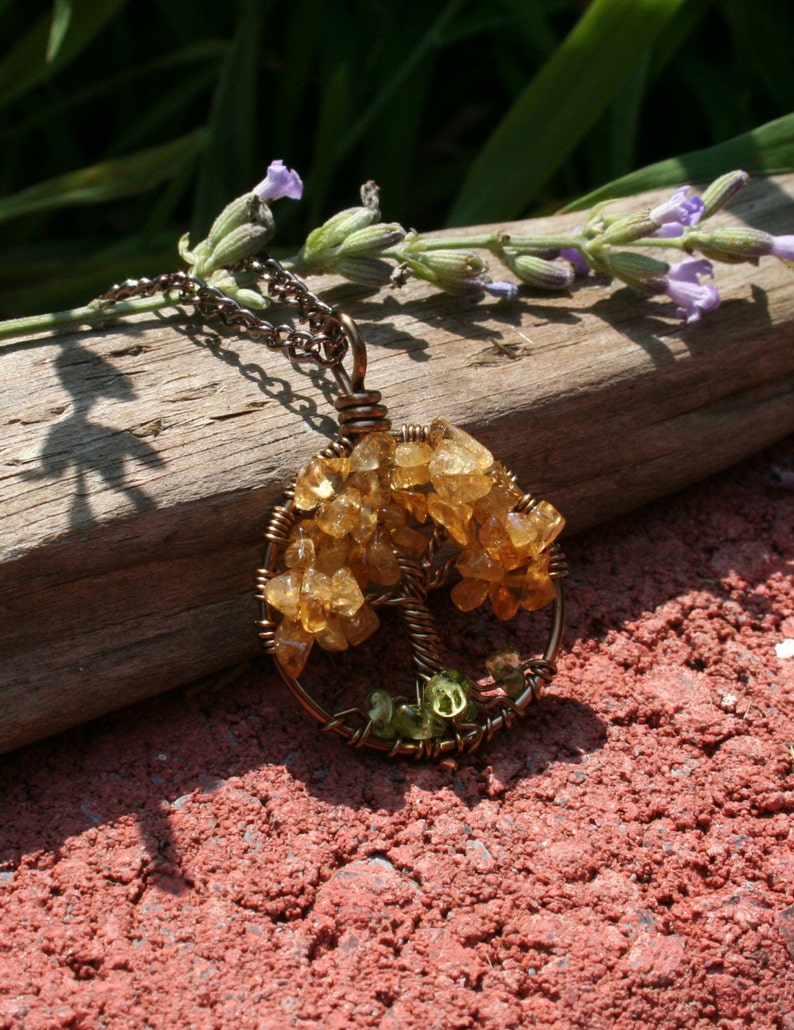 Citrine Tree of Life Necklace Peridot Roots Pendant on Brown | Etsy