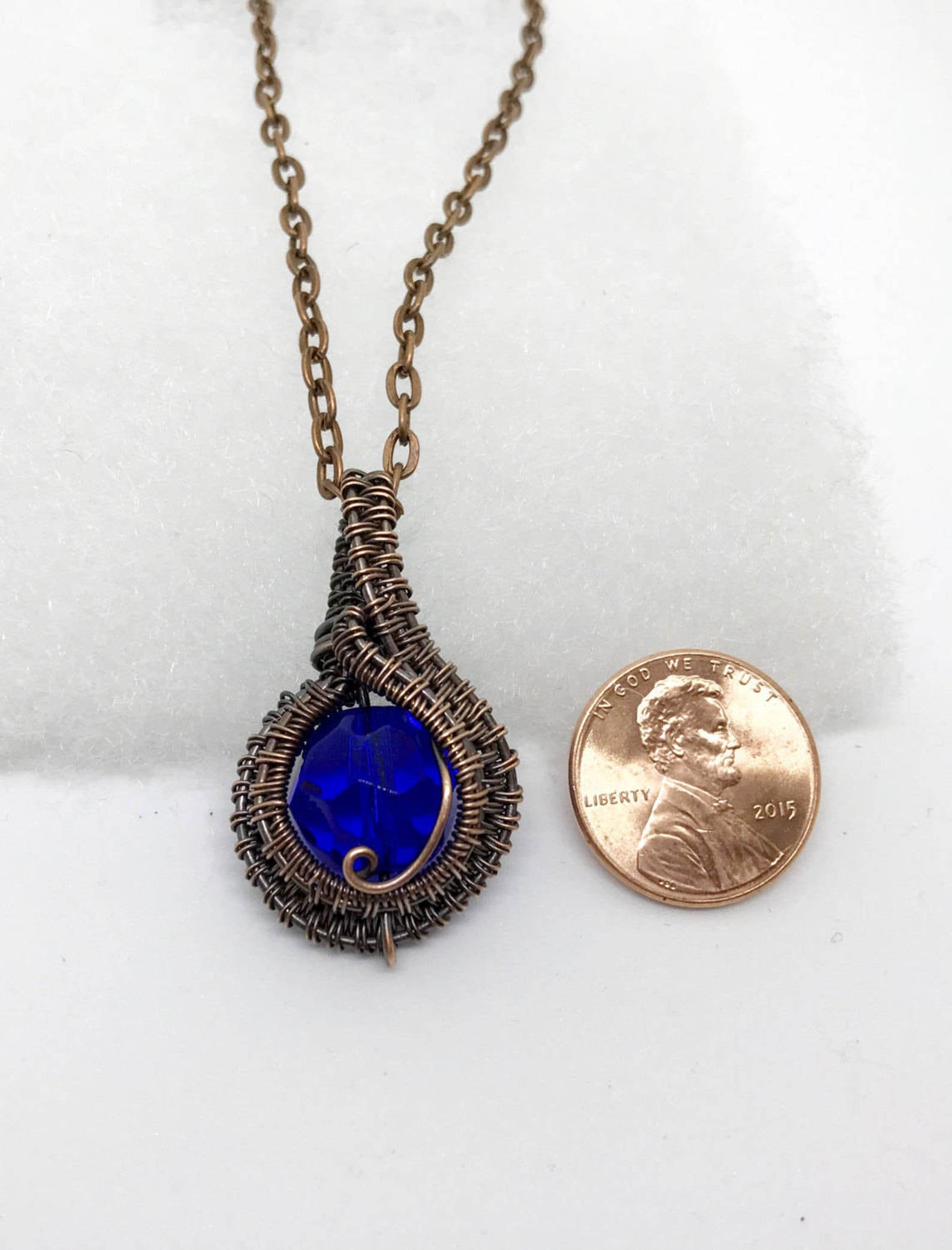 Colbalt Blue Crystal Pendant Antique Copper Wire Weave Wire | Etsy