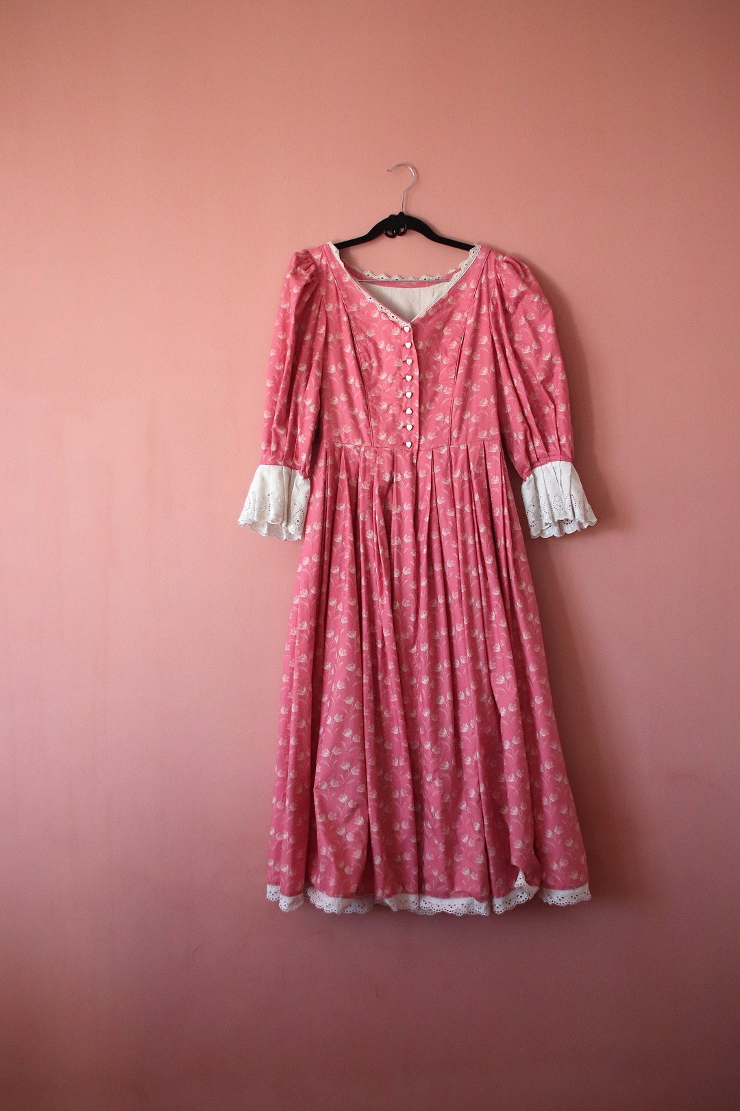 Vintage Trachten Balloon Sleeve Long Cotton Dress Dirndl Austrian Lace Trim Folk Dress German