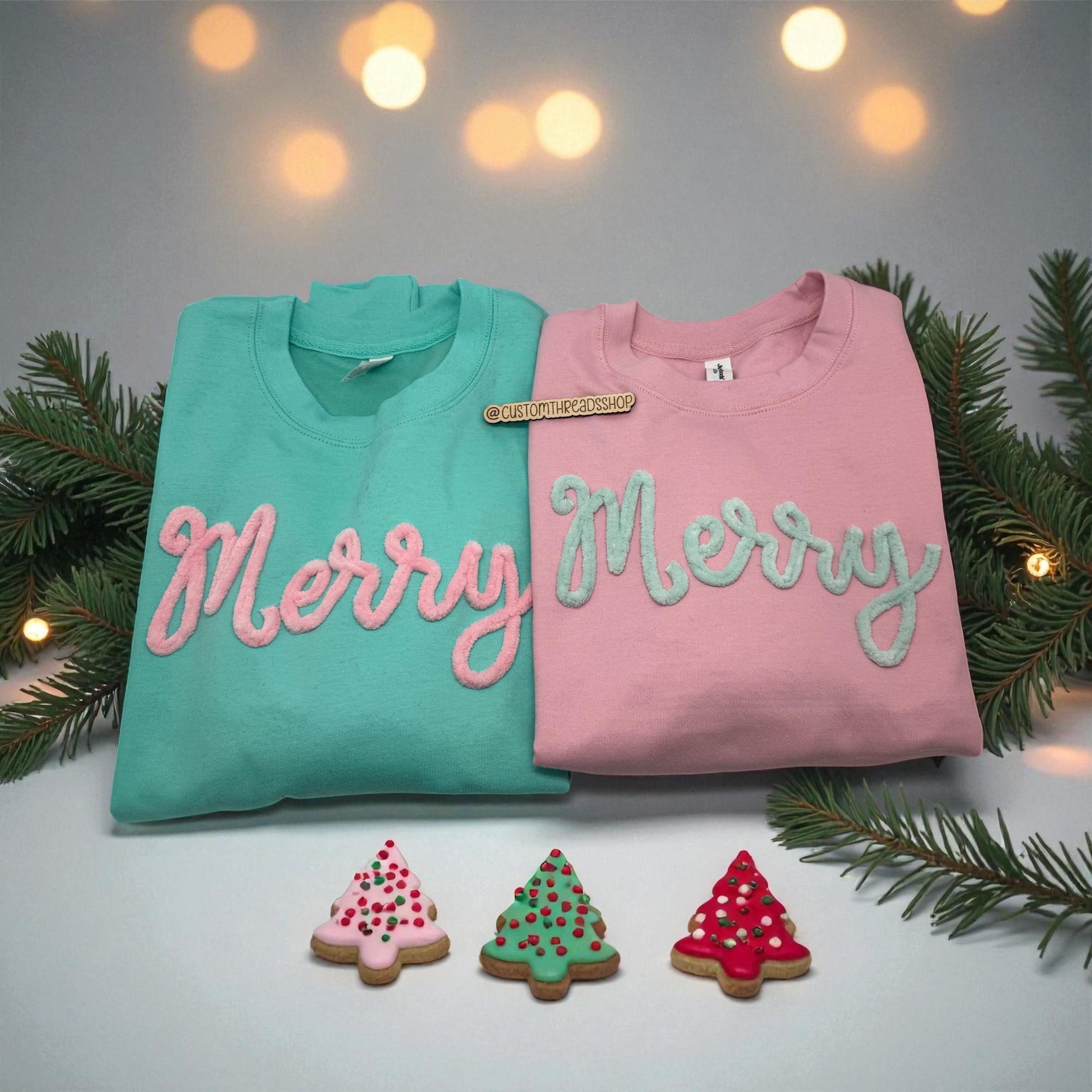 Merry Sweatshirts | Pastel Pink & Mint Unisex Cozy Holiday Pullover ...