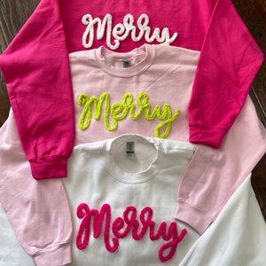 Merry Christmas Shirts, Chenille Letter Sweatshirt Cute Holiday Sweater ...