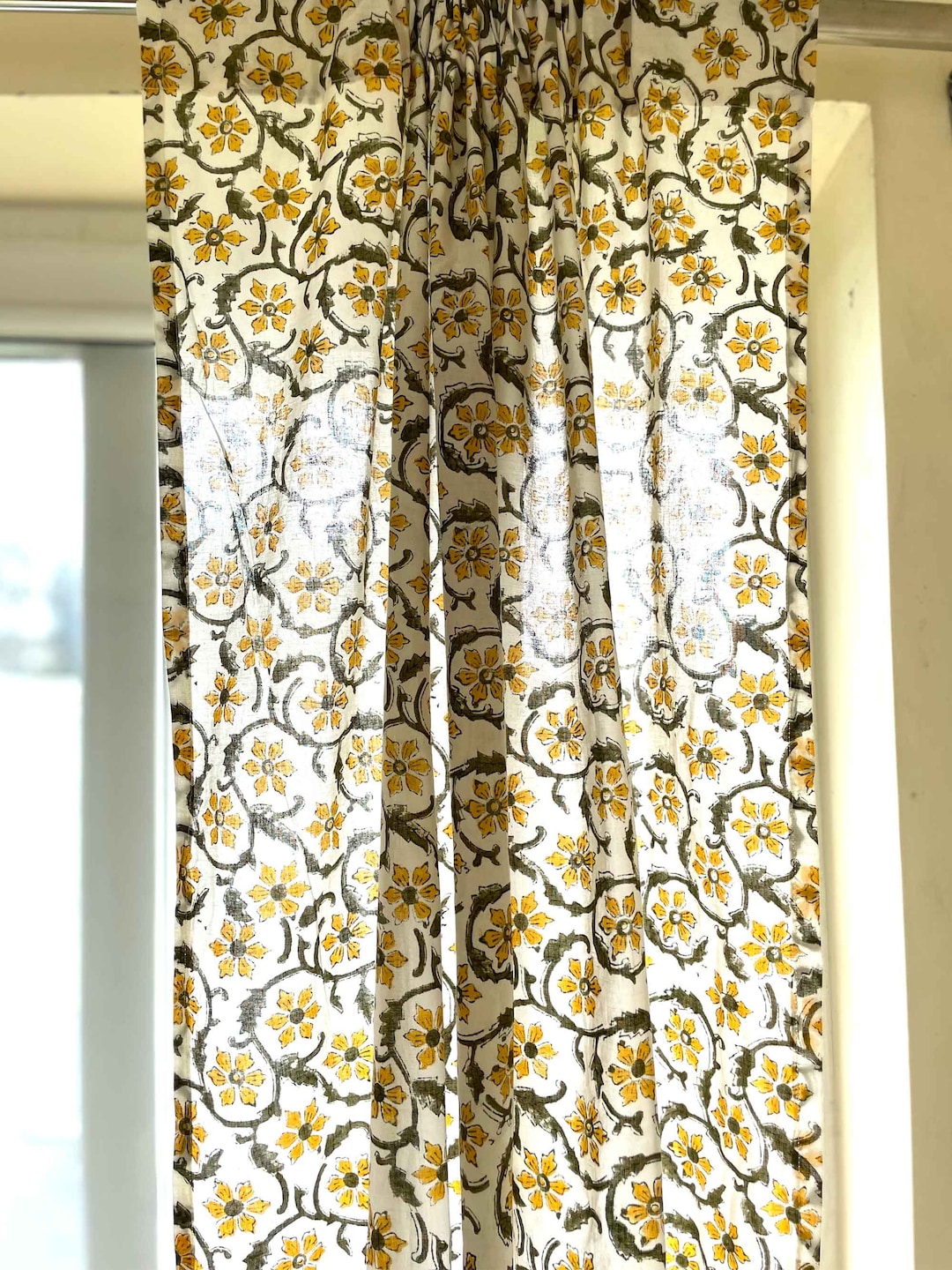 Floral Cafe Curtains, Yellow Green Indian Block Print, Set of Two - Etsy UK