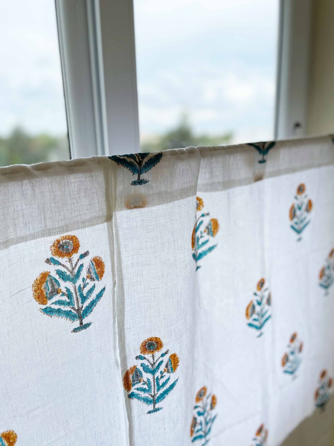 Poppy Print Linen Cafe Curtain, French Cafe Style Curtain, Mustard+teal ...