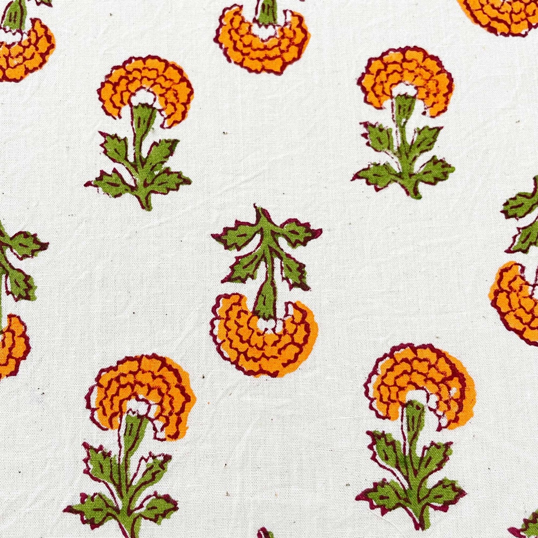Marigold Floral Hand Block Print Cotton Fabric - Block Printed Cotton ...