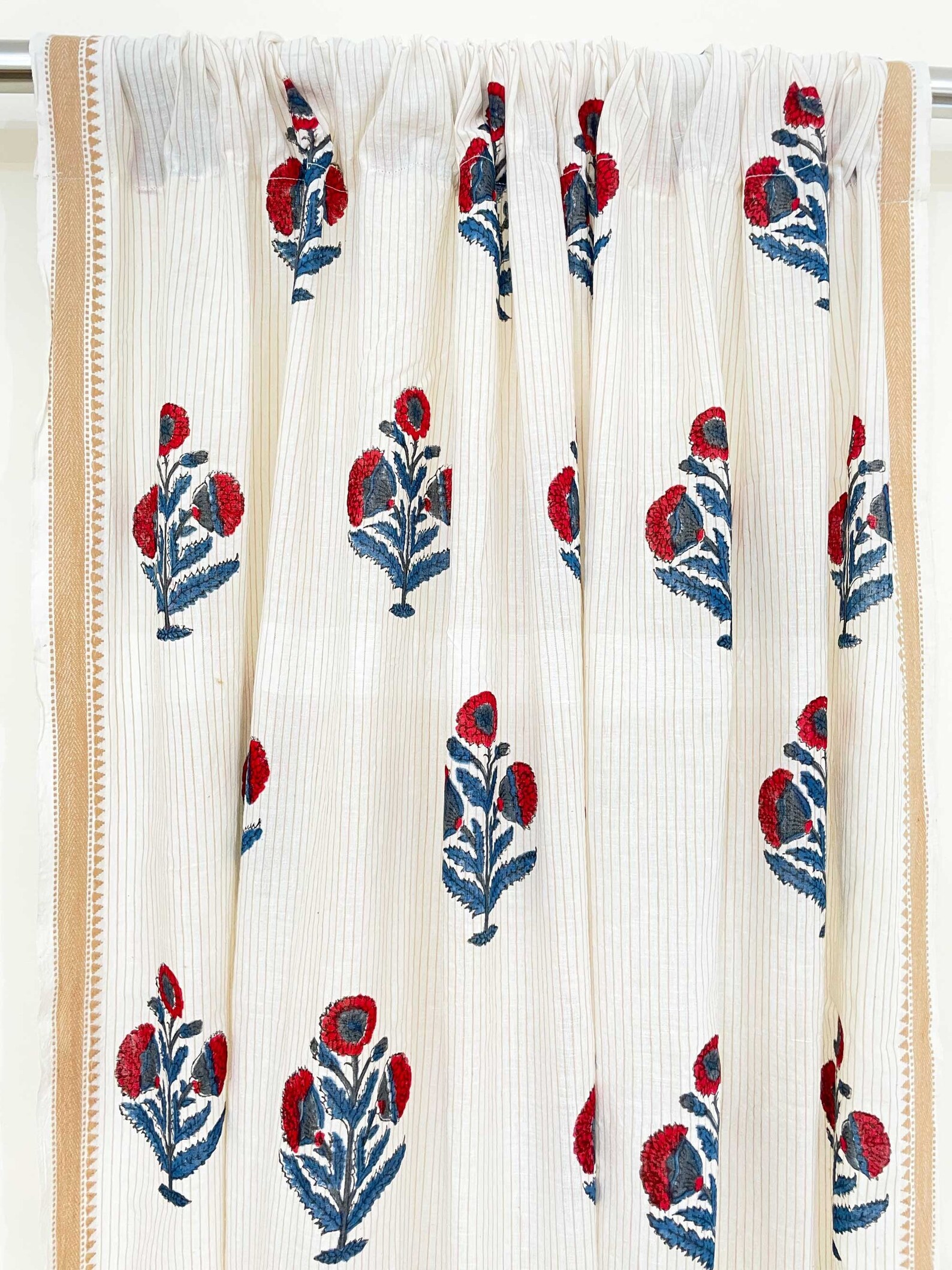 Red Blue Poppy Flower Hand Block Printed Cotton Curtains - Etsy