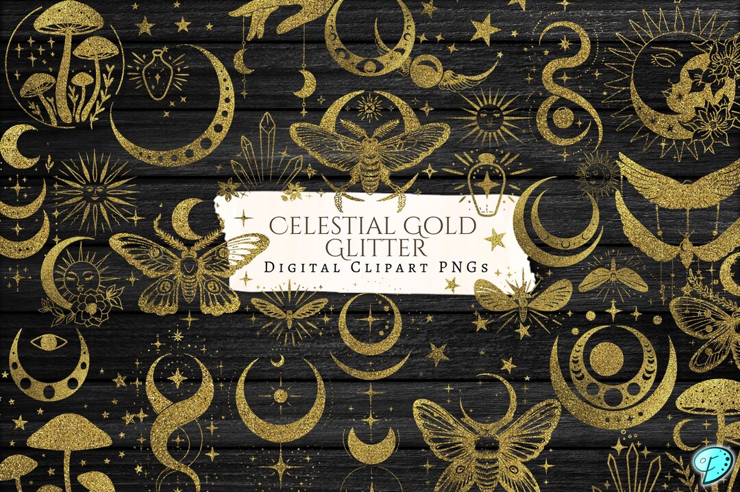 Celestial Gold Glitter Clipart PNG Bundle | Digital | Junk Journal ...