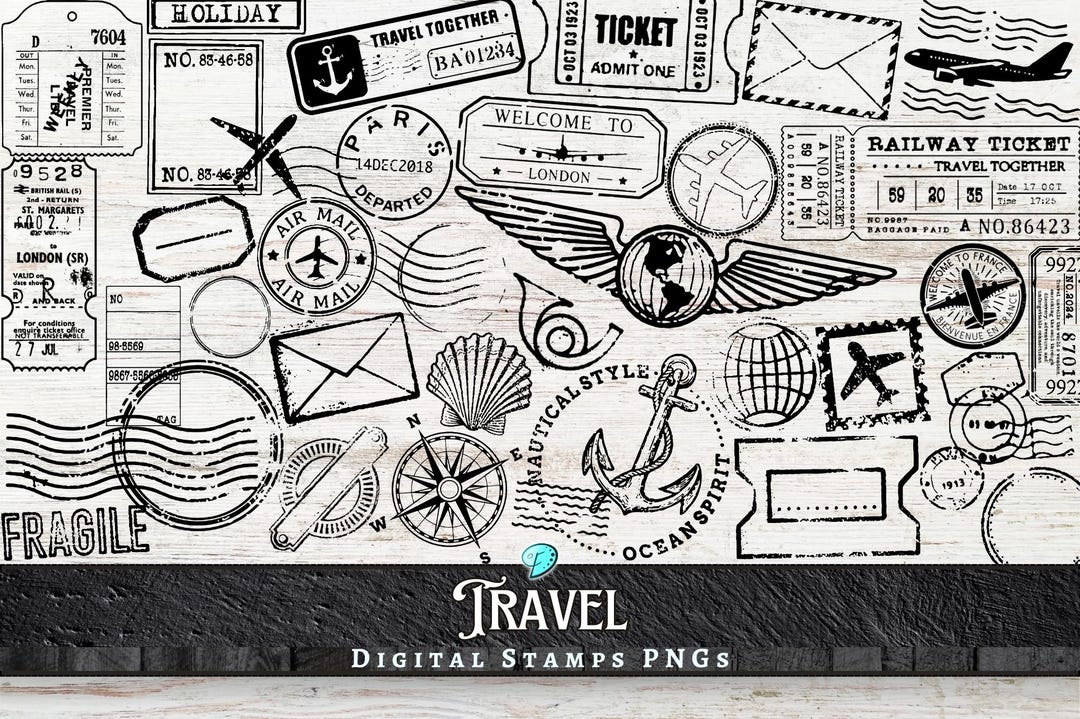 Travel Digi Stamps PNG Bundle | Digital | Overlay | Distressed | Junk ...