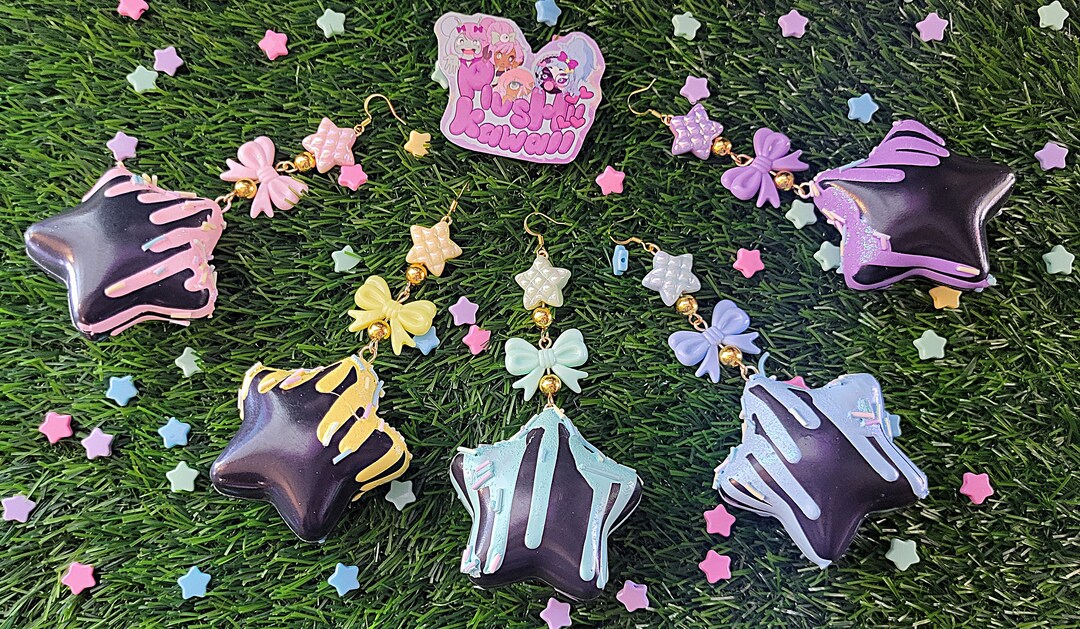 Sweet Puff Star Earrings- Black Base. Jumbo Star, Drippy Icing, Pastel ...