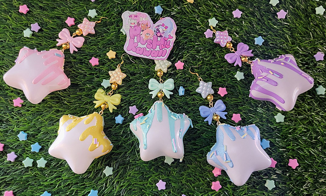 Sweet Puff Star Earrings- White Base. Jumbo Star, Drippy Icing, Pastel ...