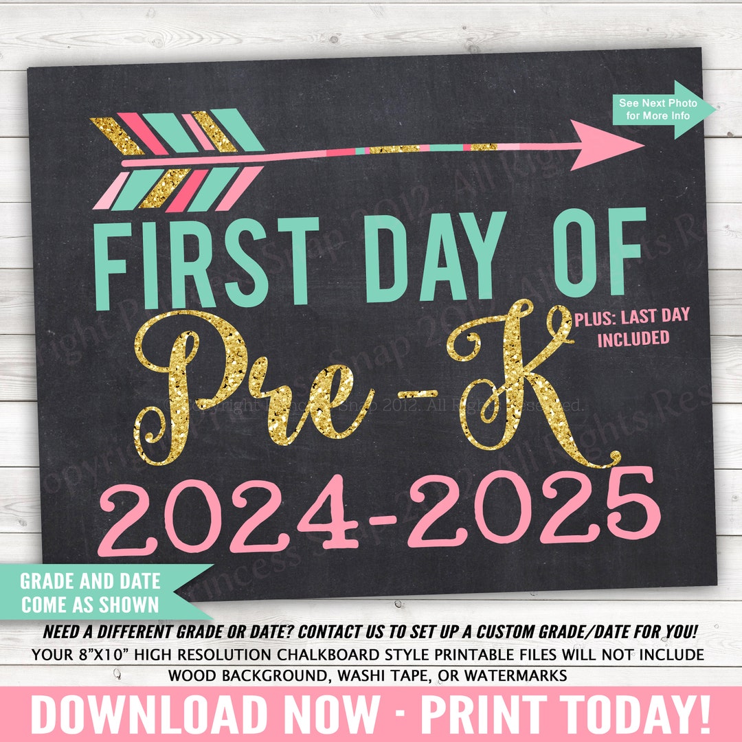 First and Last Day of Pre-k, 2024-2025, Arrow Prop Pink Gold Glitter ...