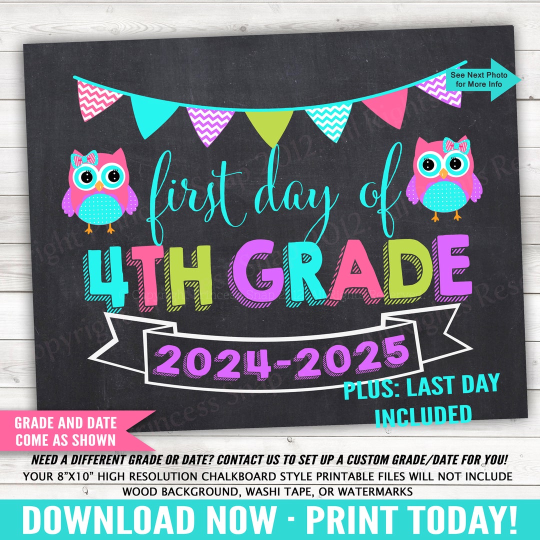 Owl First and Last Day of 4th Grade, 2024-2025 Photo Prop, First Day ...