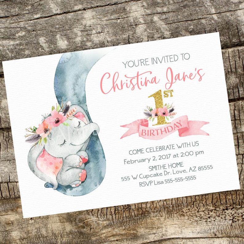 Elephant Invitation, Jungle Party Invitation, Floral Elephant Birthday ...