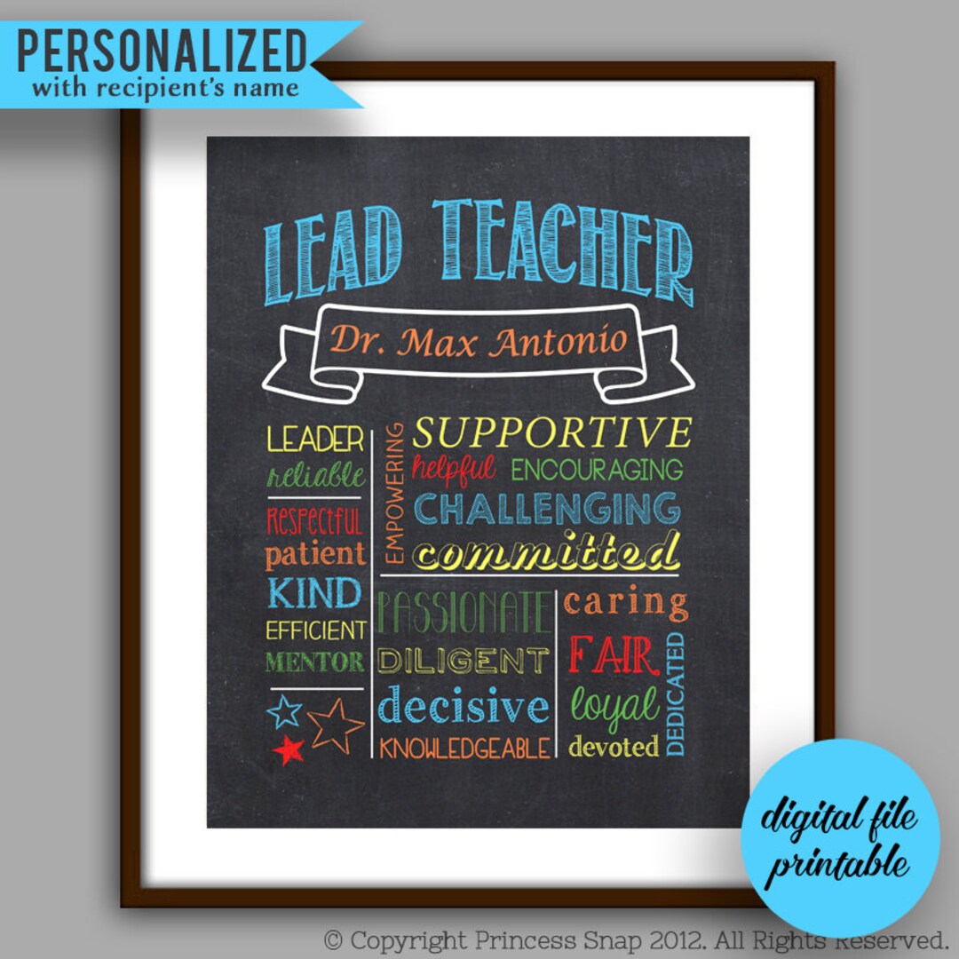 Lead Teacher Gift, Team Lead Chalkboard Style Printable, Customized ...