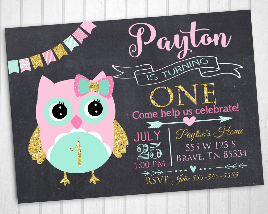 Owl Birthday Party Invitation -5x7 or 4x6 - Gold, Pink and Teal Owl ...