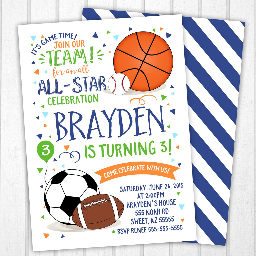 Sports Invitation, Ball Invitation, Basketball Football Baseball Party ...