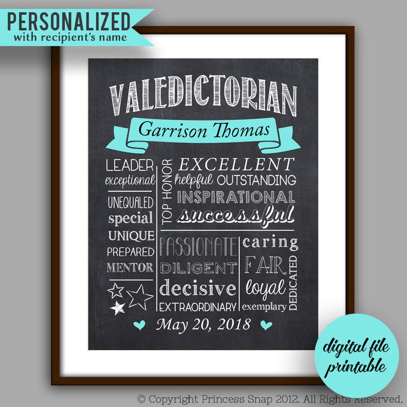 Valedictorian Gift, Valedictorian Chalkboard Style Printable ...