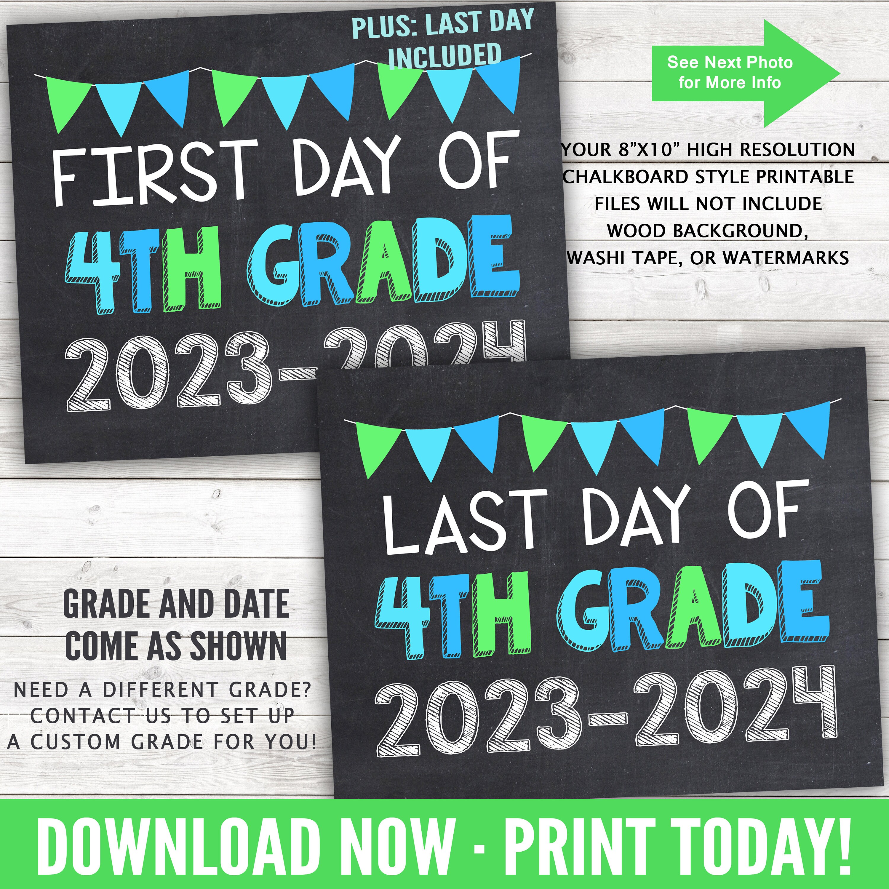 First and Last Day of 4th Grade, 2023-2024 Photo Prop, Blue and Green ...