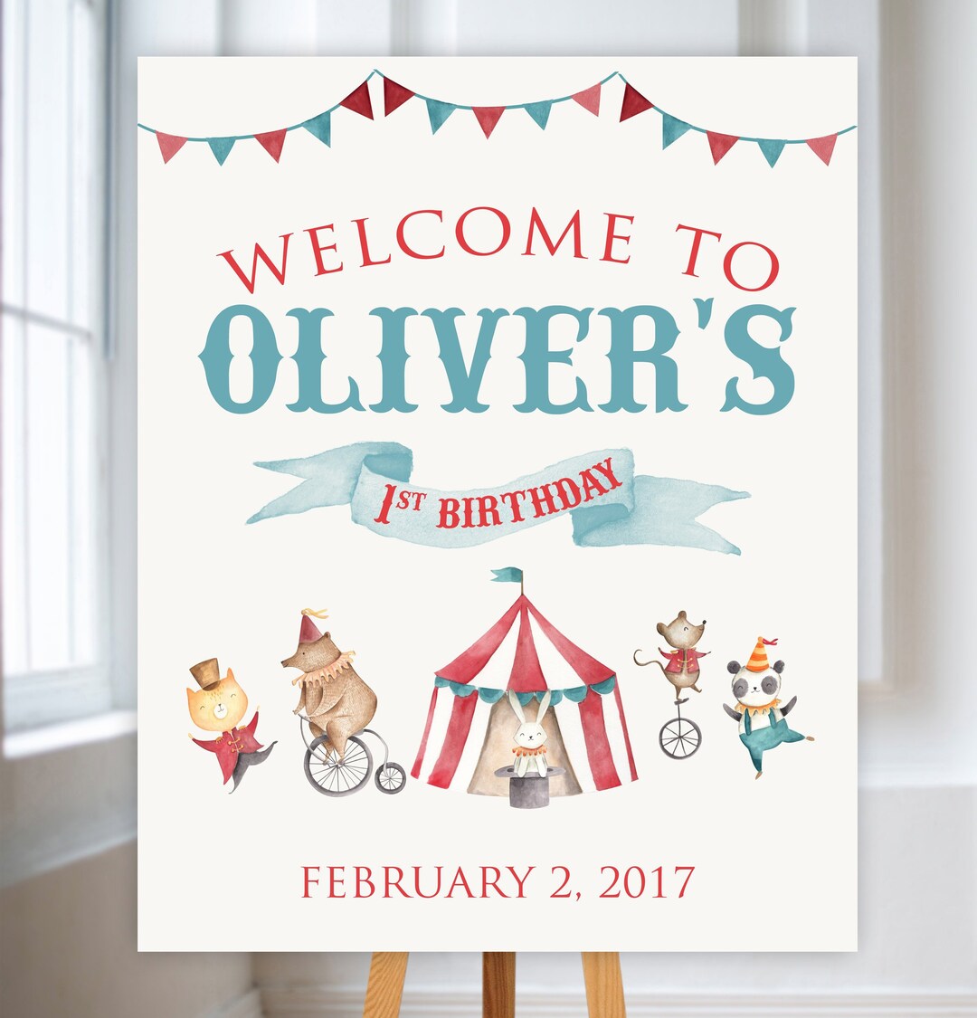 Vintage Circus Welcome Poster, Watercolor Carnival Birthday Sign ...
