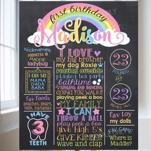 Pastel Rainbow First Birthday Chalkboard Poster, Rainbow Birthday Chalk ...