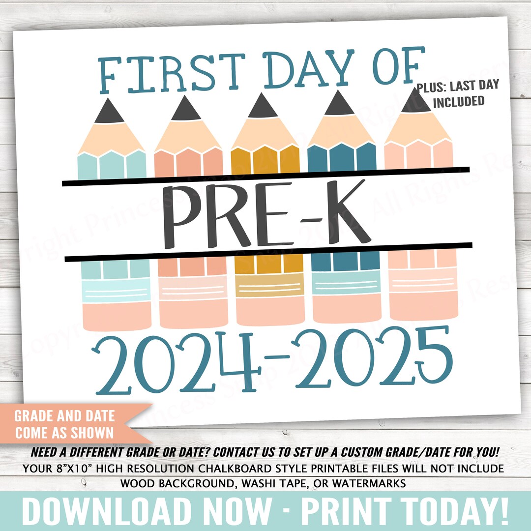 Retro Pencil First and Last Day of Pre-k Printable Sign, First and Last ...