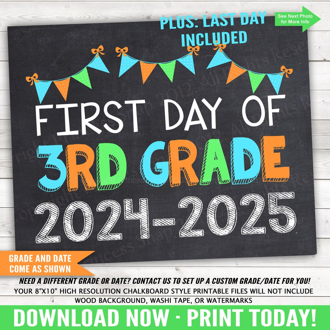First Day of 3rd Grade, 2024-2025, Photo Prop, Orange Blue and Green ...