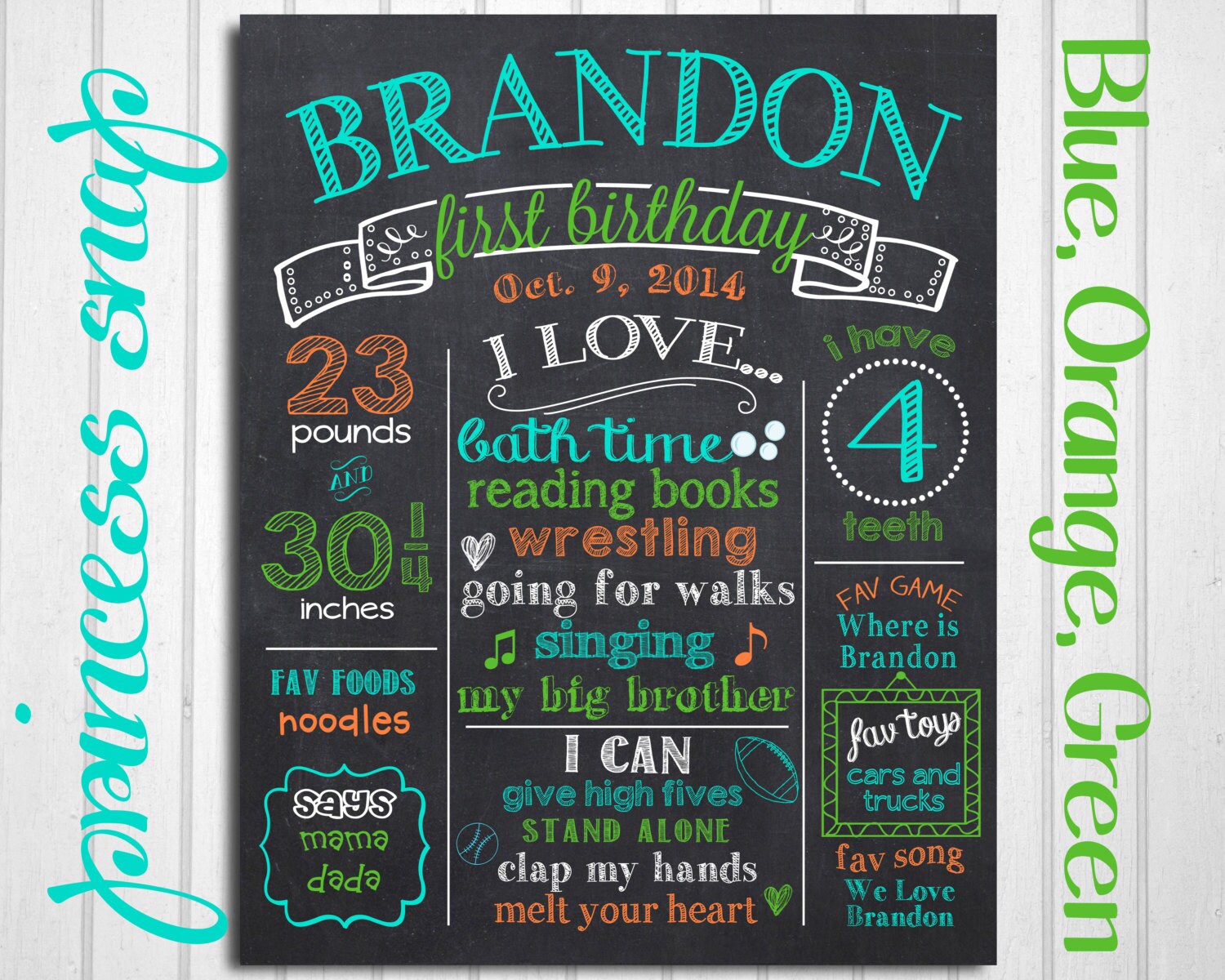 Boy First Birthday Chalkboard Poster Orange Blue Green 1st | Etsy