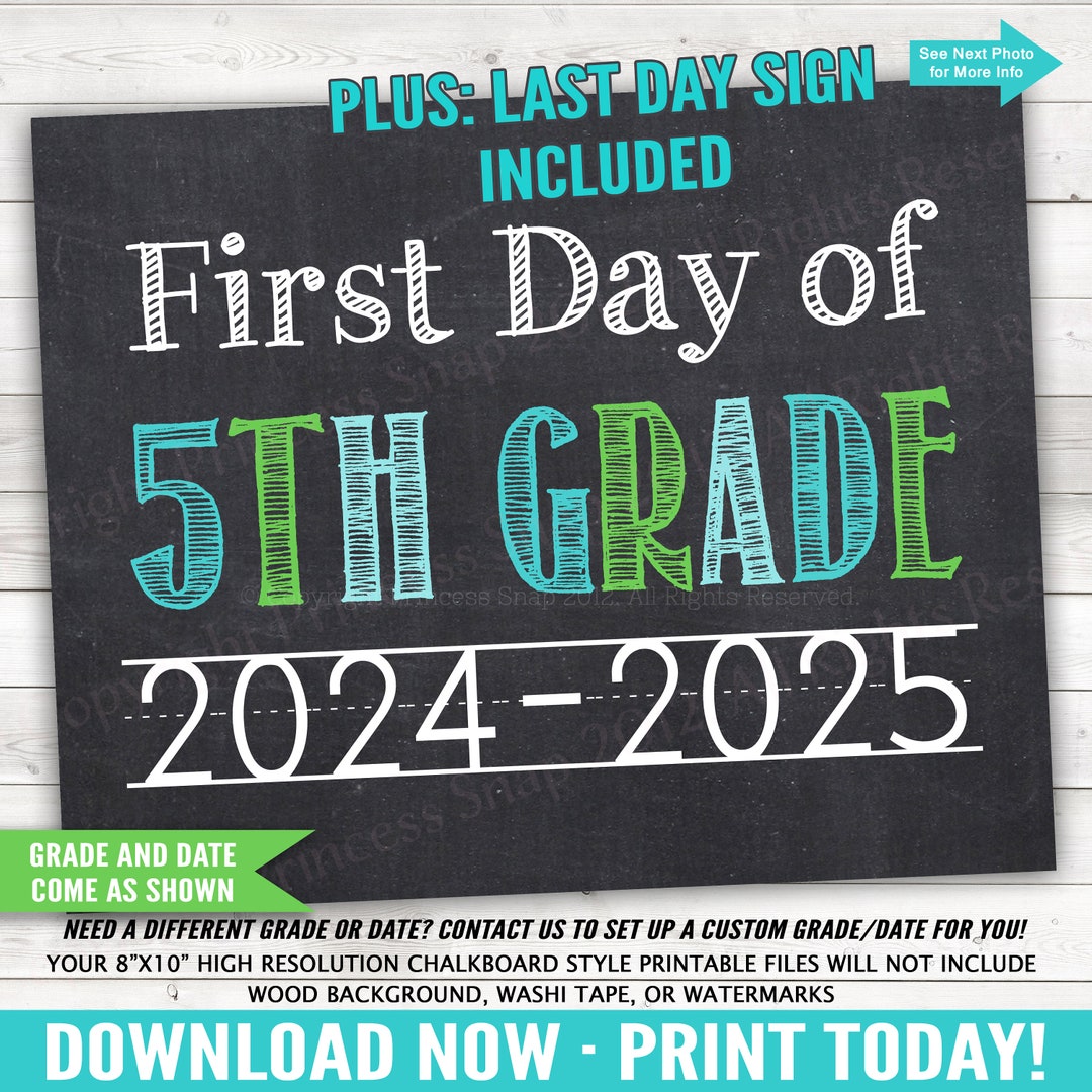 First Day of 5th Grade, 2024-2025 Photo Prop, Blue and Green First Day ...
