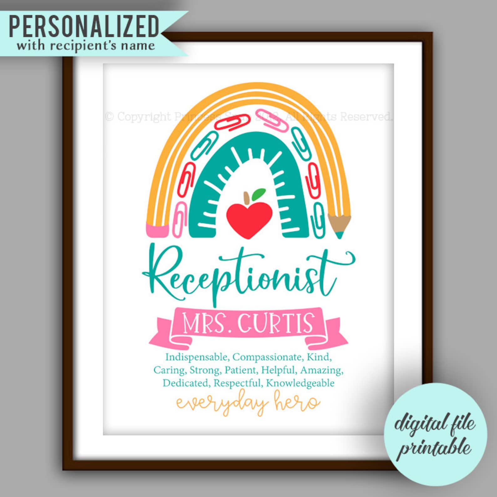 Receptionist Gift, Receptionist Quote Printable, Rainbow Customized ...