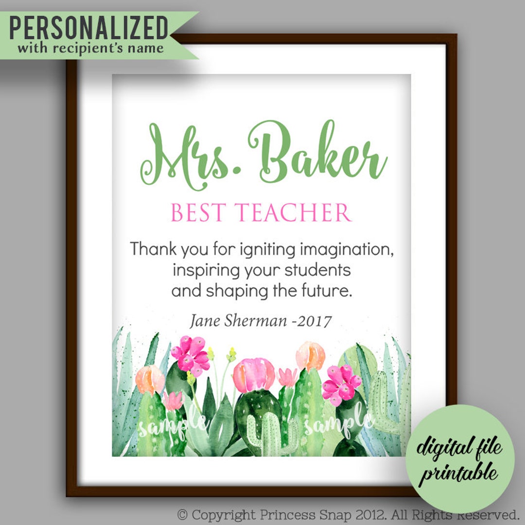 Cactus Teacher Gift, Succulent Personalized Teacher Printable, Cactus ...