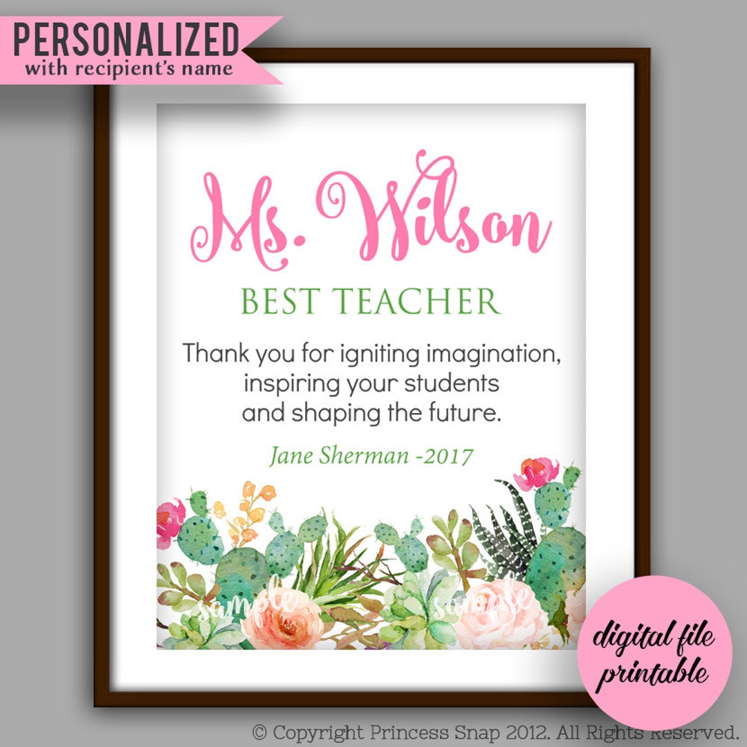 Watercolor Cactus Teacher Gift, Succulent Personalized Teacher ...