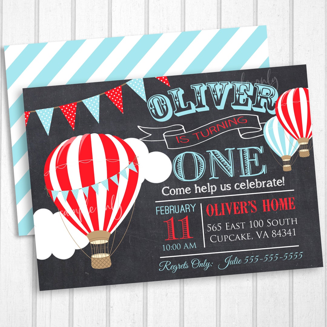 Hot Air Balloon Birthday Party Invitation -5x7 or 4x6 - Blue and Red ...