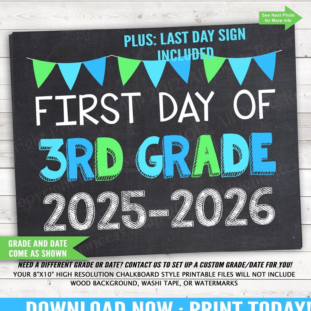 First and Last Day of 3rd Grade, 2025-2026 Photo Prop, Blue and Green ...