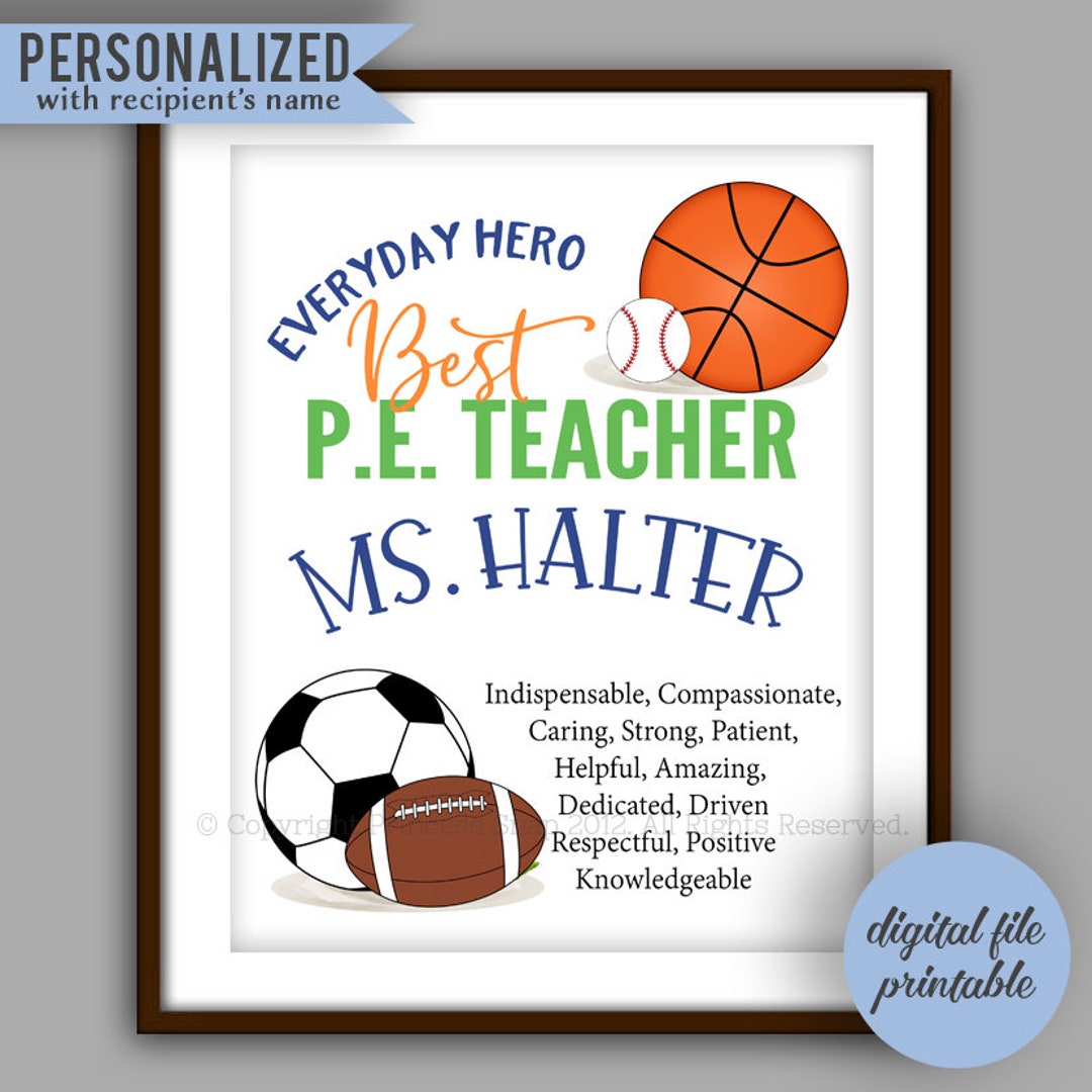 PE Teacher Gift, Personalized Physical Education Teacher Gift Printable ...