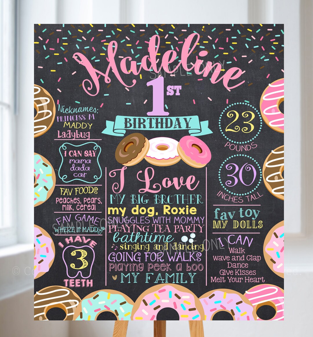 Donut First Birthday Chalkboard Poster, Donut Pink Purple Teal 1st ...